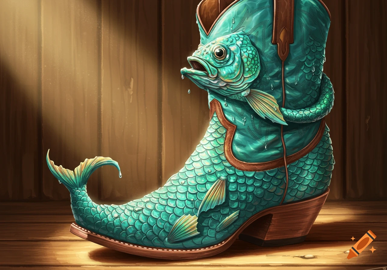 A teal cowboy boot shaped like a fish, with scales, fins, and a fish ...