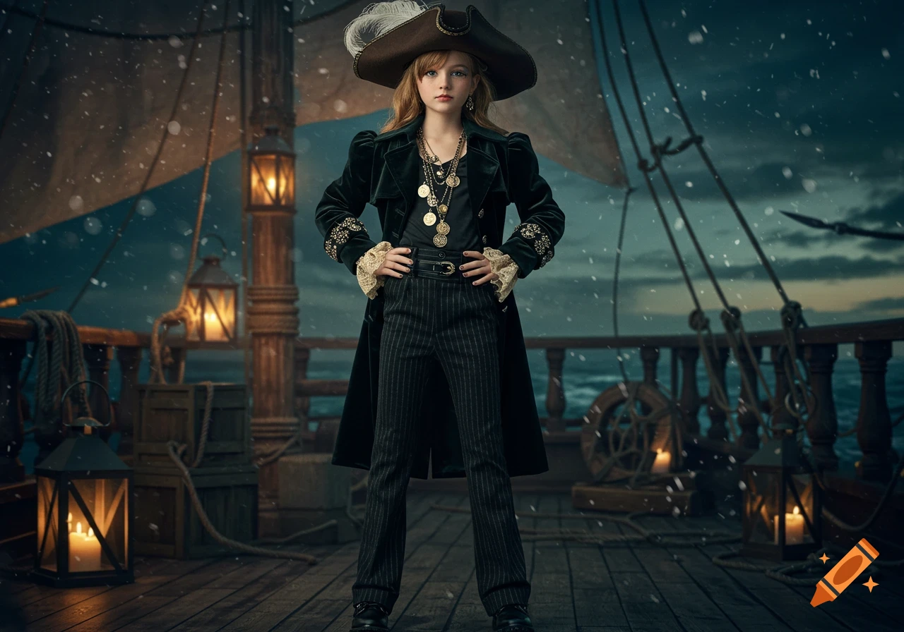 A photorealistic image of a young girl dressed as a pirate on a ship ...
