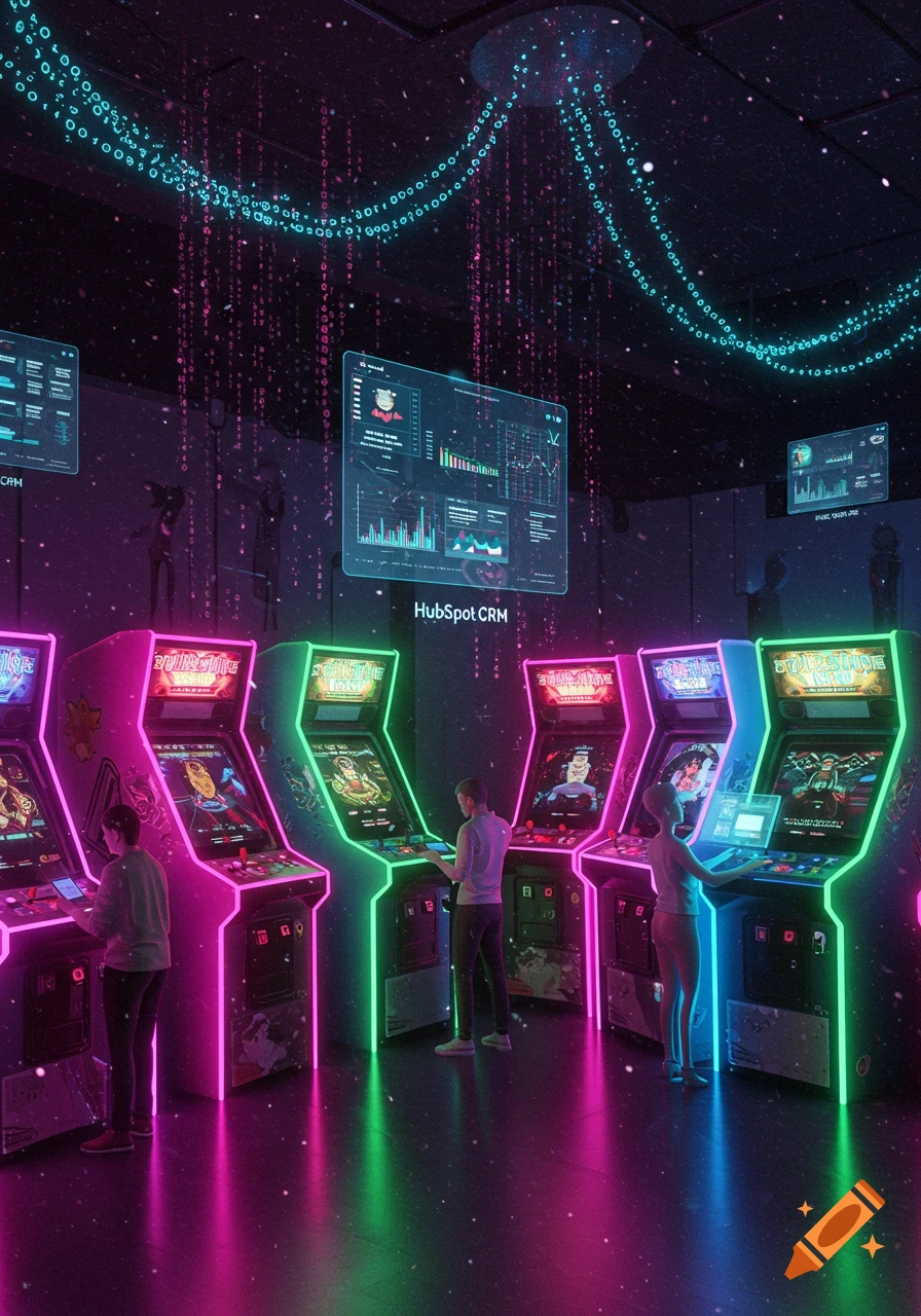 A futuristic arcade with glowing neon pink, green, and blue lights ...