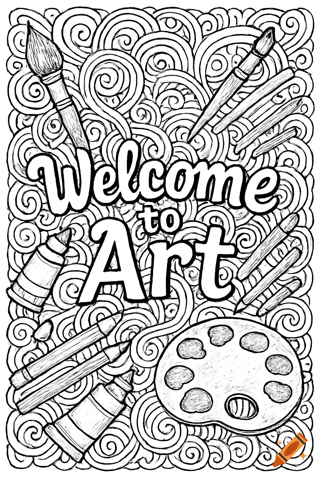 Black and white coloring page with Welcome to Art text, swirls, and art ...