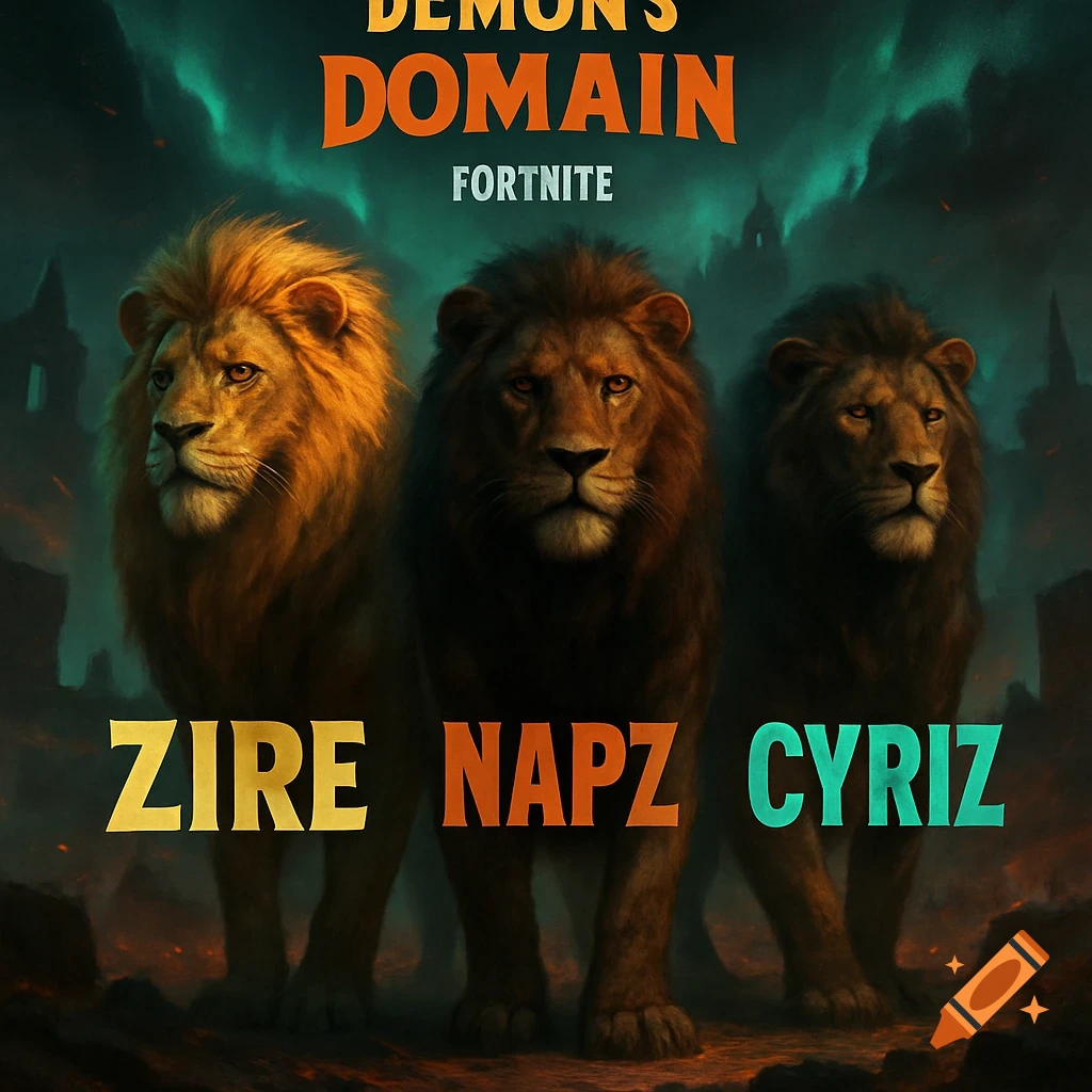 Three lions in a dark fantasy setting with text 'DEMON'S DOMAIN ...