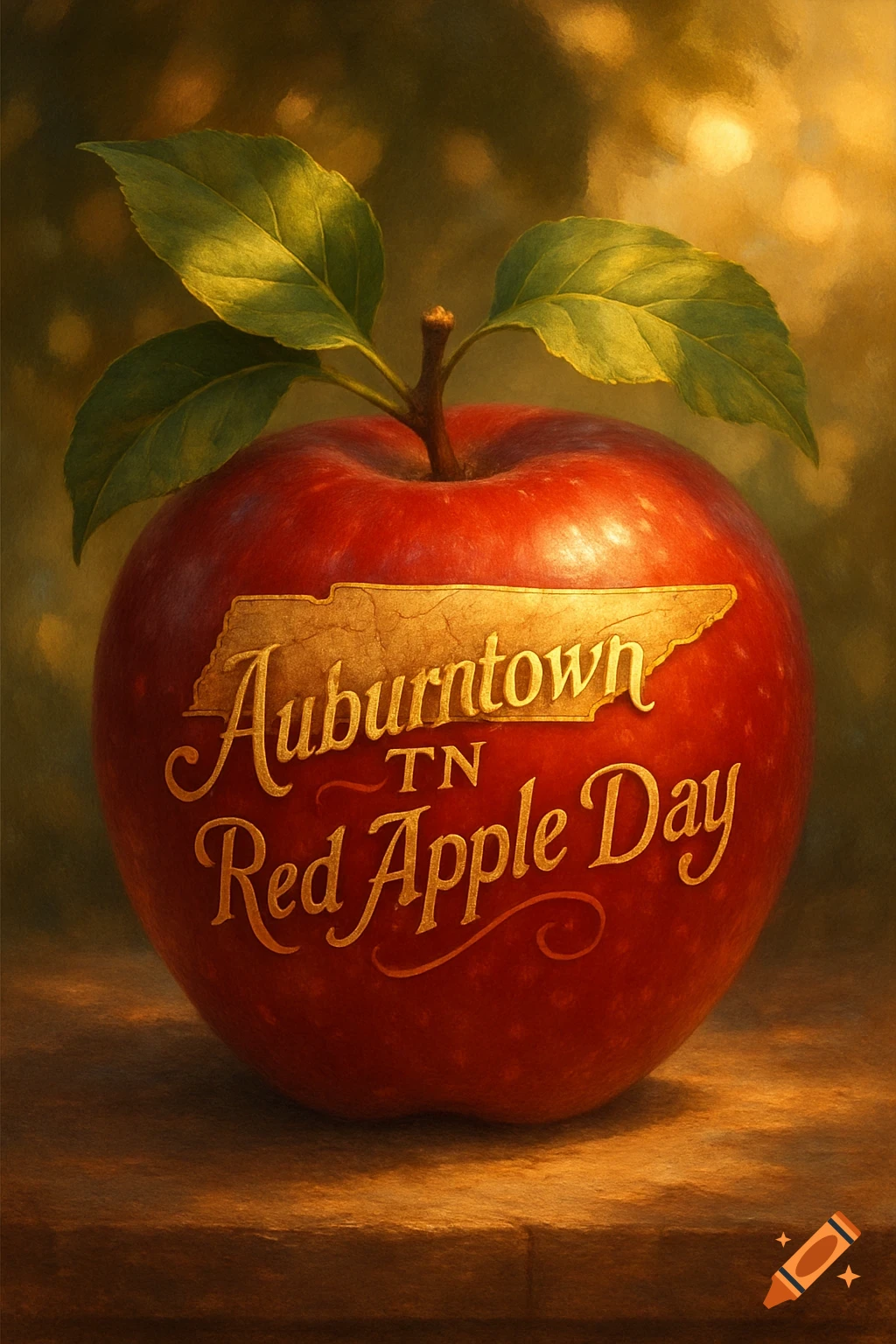 A red apple with the golden outline of Tennessee and the words ...