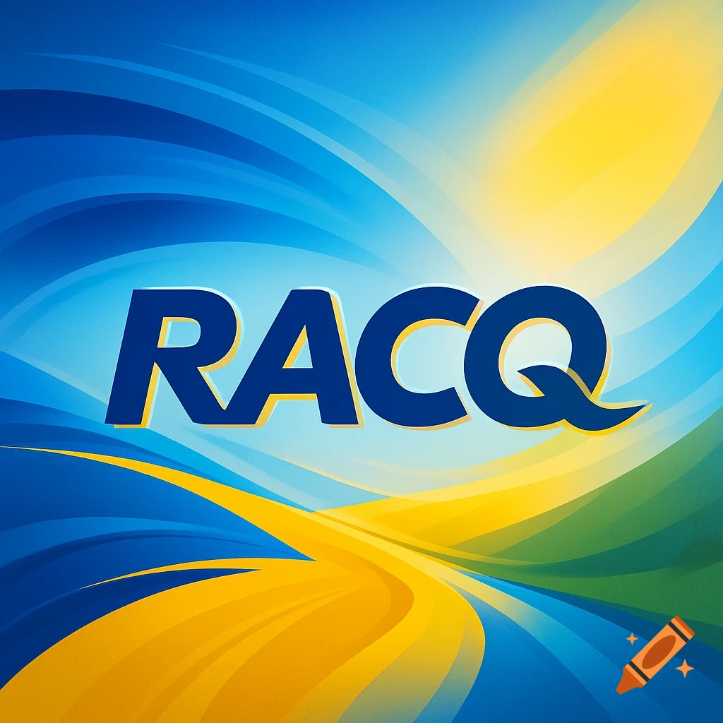 RACQ logo with blue, light blue, and yellow swirling background. on Craiyon