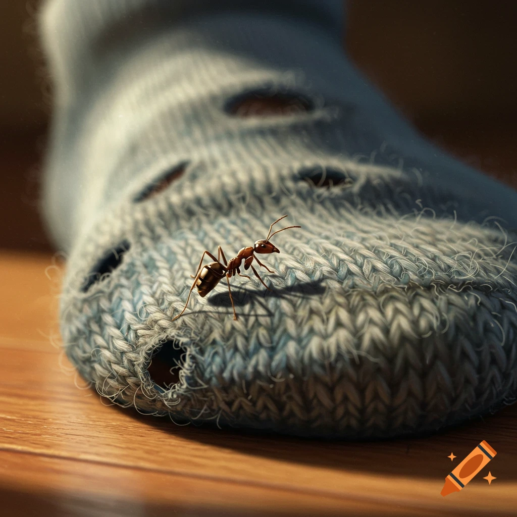 A close-up, photorealistic image of a small ant on a gray, worn sock ...