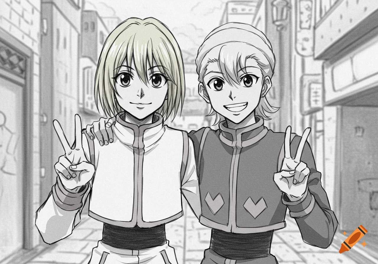Two anime characters, Kurapika and Leorio, smile and make peace signs ...