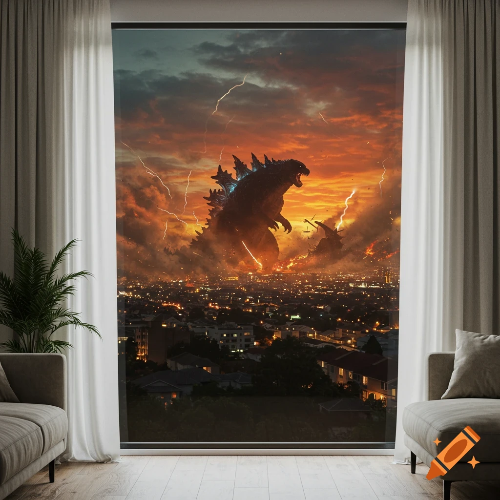 A giant Godzilla-like monster stands amidst a burning city under a fiery, lightning-streaked sky ...