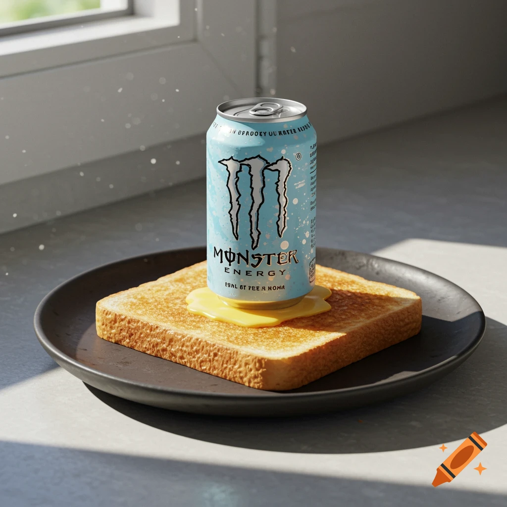 A light blue Monster Energy drink can sits on a slice of golden toast ...