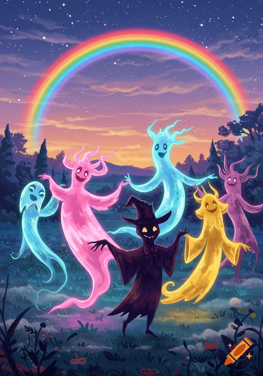 Two fire and two water monsters sing and dance in a whimsical night ...