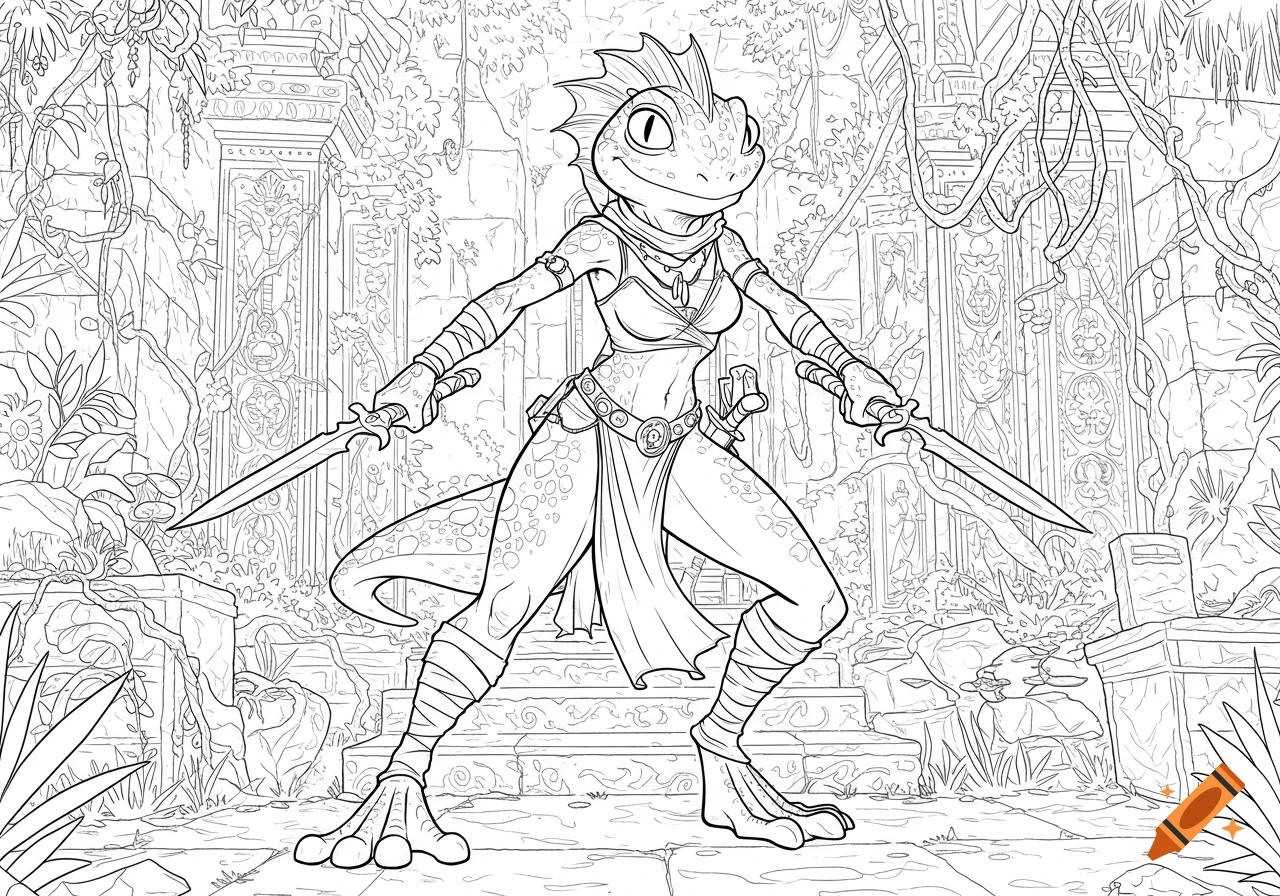 A black and white coloring page of a female lizard-like creature ...