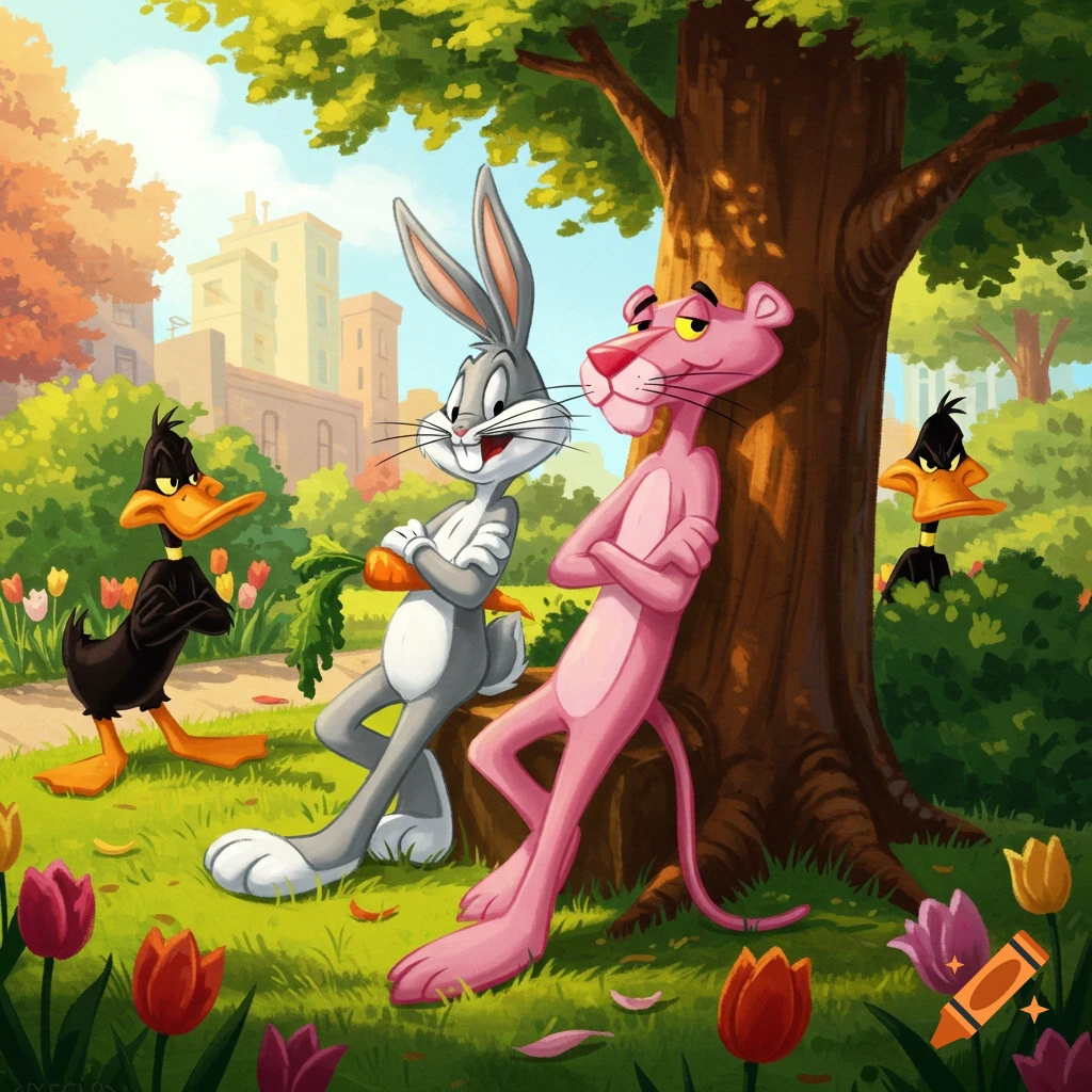 Bugs Bunny and Pink Panther lean against a tree in a sunny park with ...
