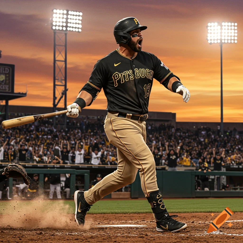 A baseball player in a black and gold Pittsburgh Pirates uniform with ...