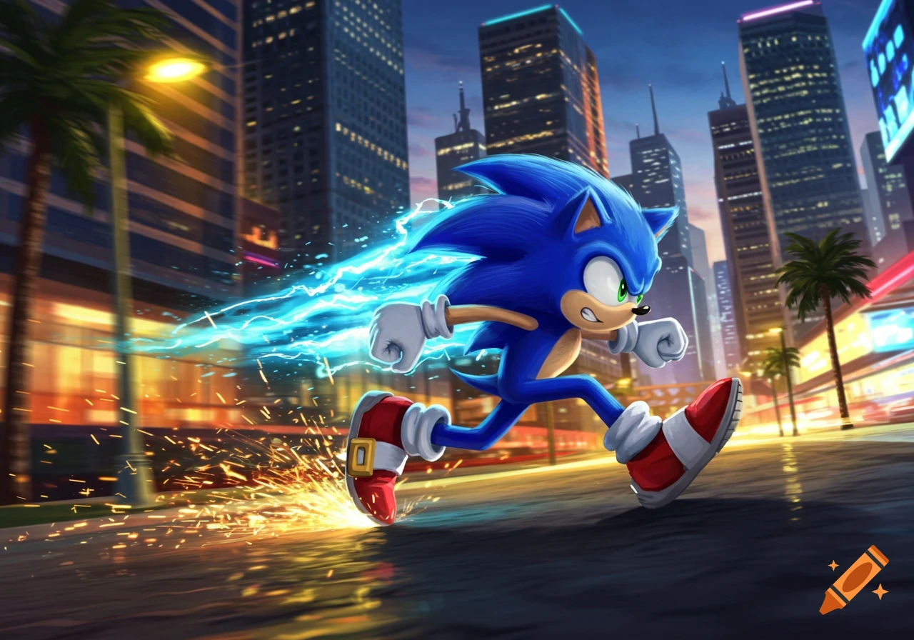 Sonic the Hedgehog speeds through a neon-lit cyberpunk city at night, leaving a light trail on ...