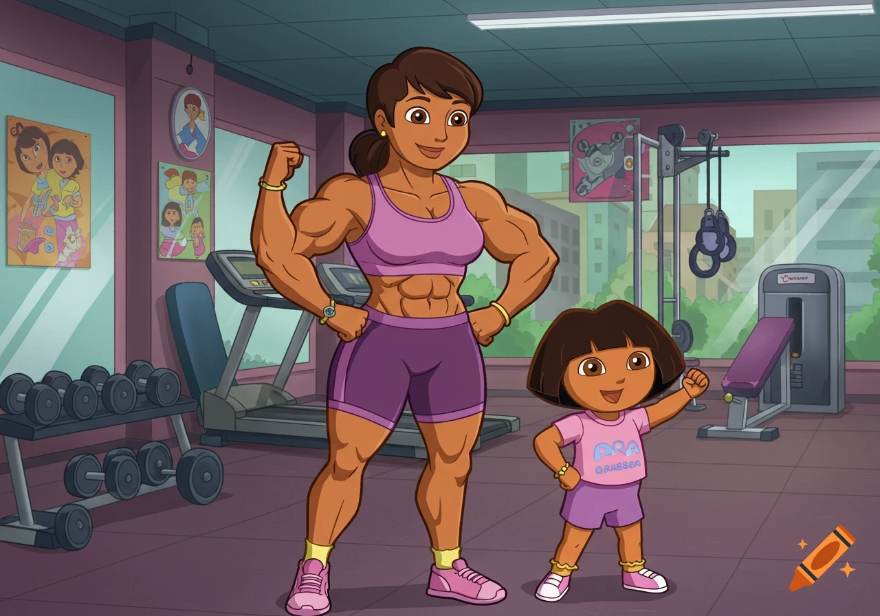 Dora's muscular mom flexes in a gym next to Dora, who mimics her, in a cartoon style. on Craiyon