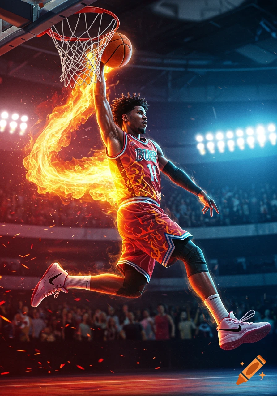 A dynamic, illustrative image of a basketball player in a red uniform ...