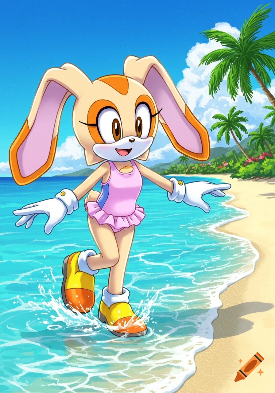 Cream the Rabbit from Sonic in a pink swimsuit walks in shallow blue ...