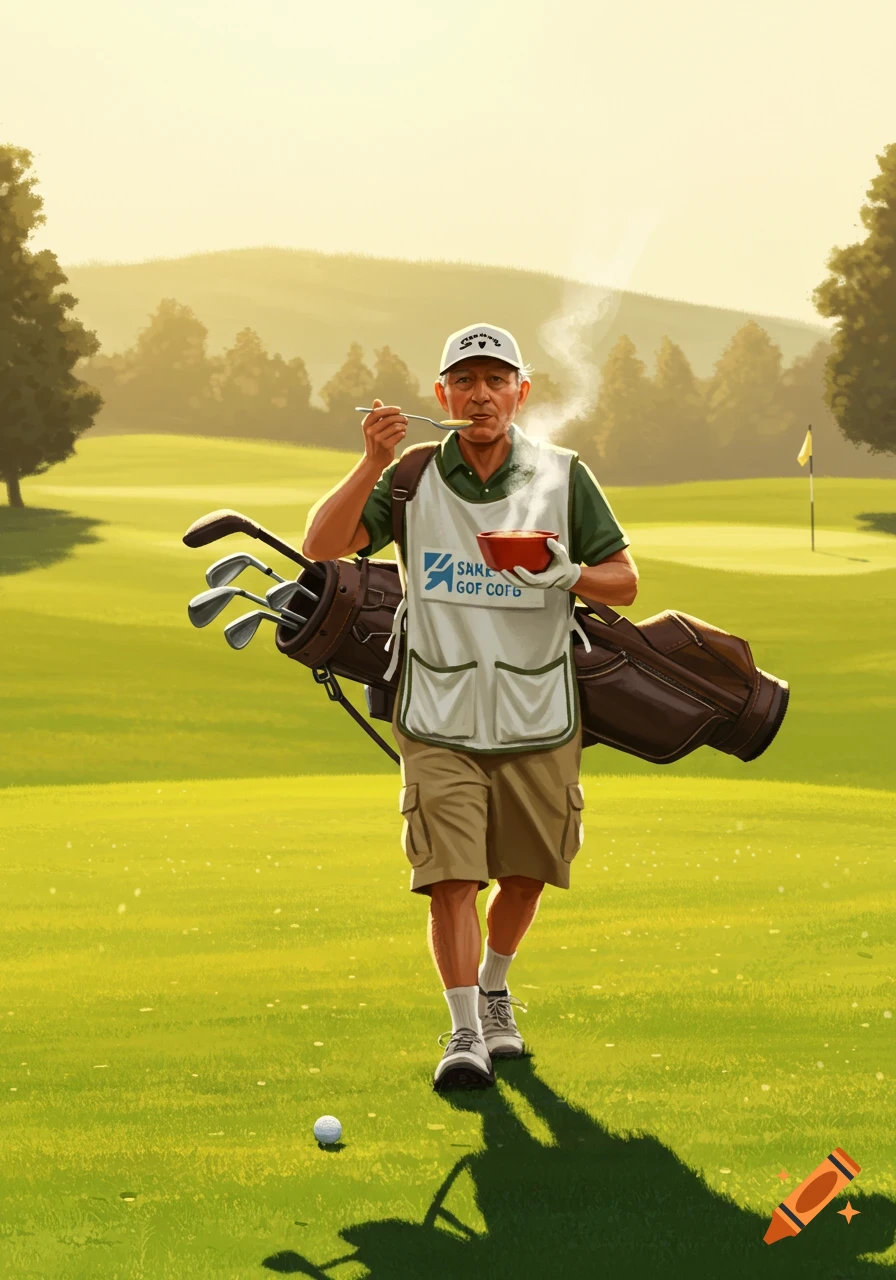 A man jumps mid-air during a golf swing, sending an arc of grass flying ...