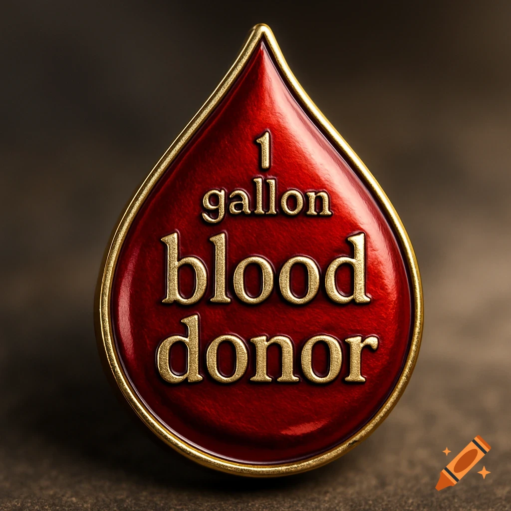 A photorealistic golden-edged lapel pin in the shape of a red blood ...