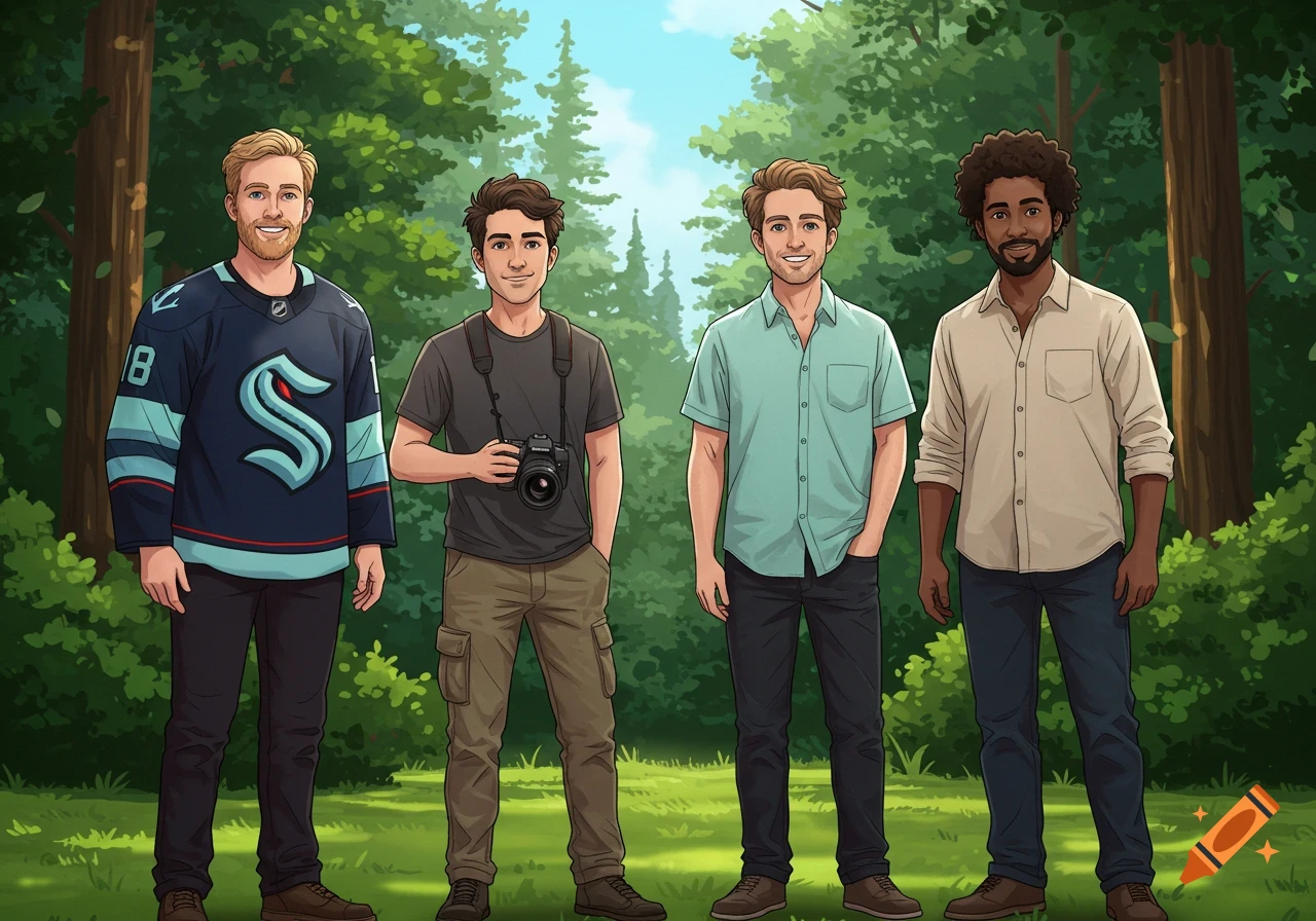 Four cartoon-style adult men stand together in a sunlit forest clearing ...