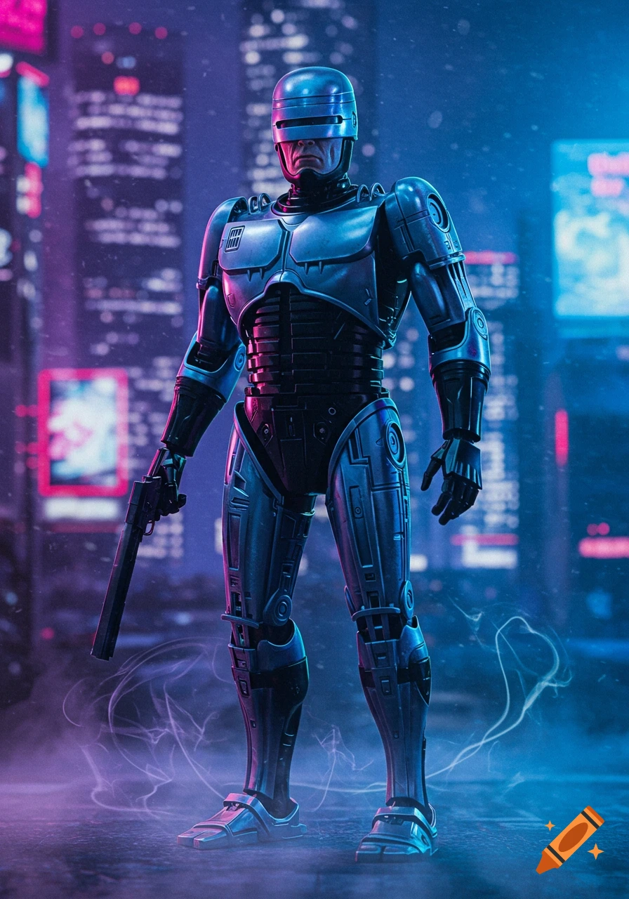 A photorealistic depiction of Robocop standing in a neon-lit cyberpunk ...