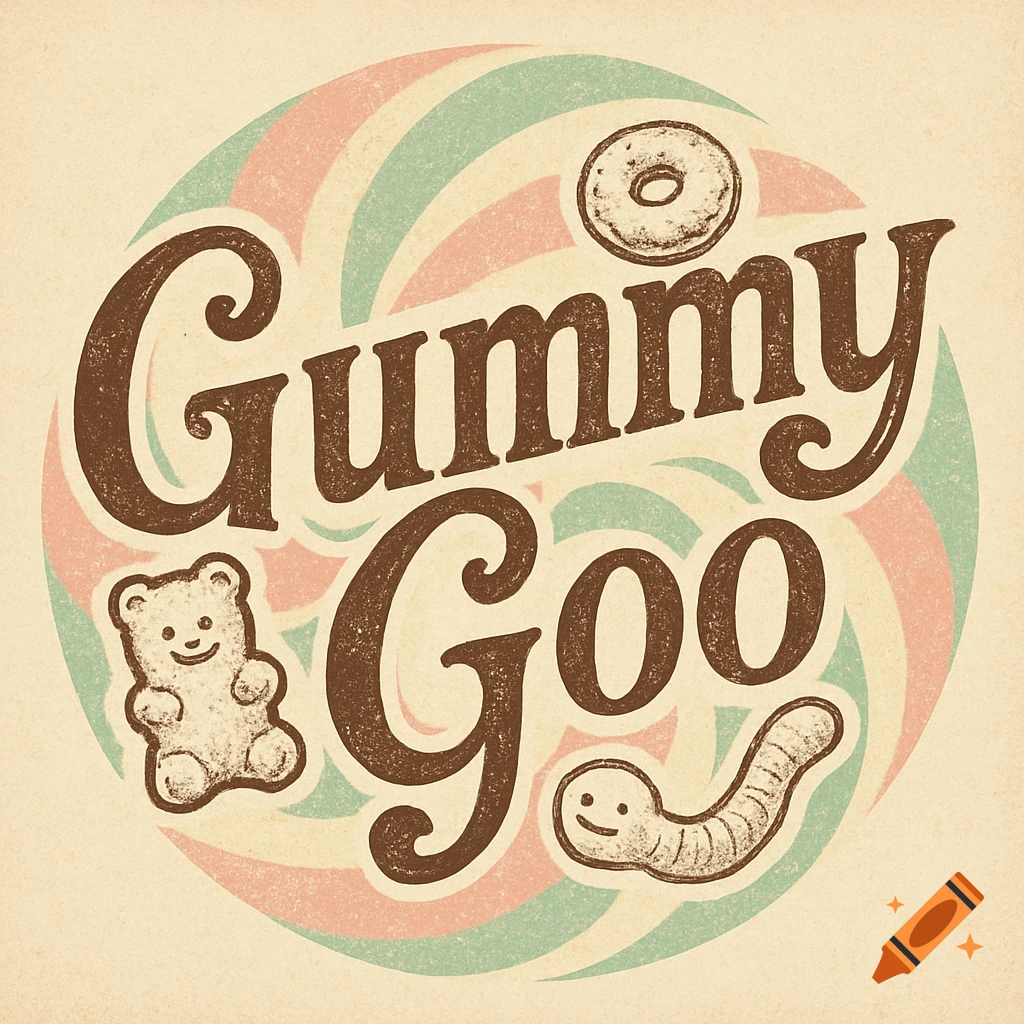 An old-fashioned style logo for "Gummy Goo" candy, featuring a gummy ...