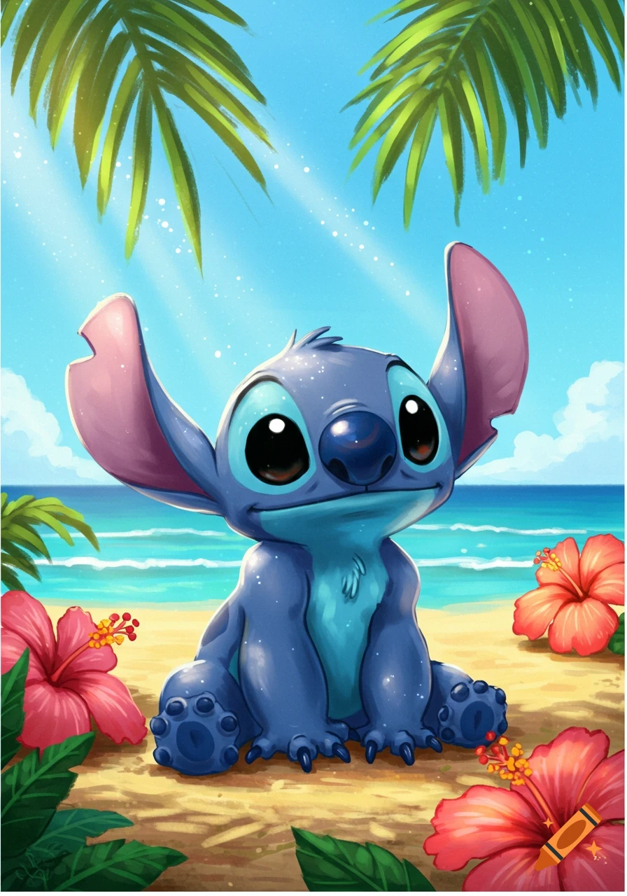 Cute cartoon Stitch sitting on a sandy beach with hibiscus flowers and ...