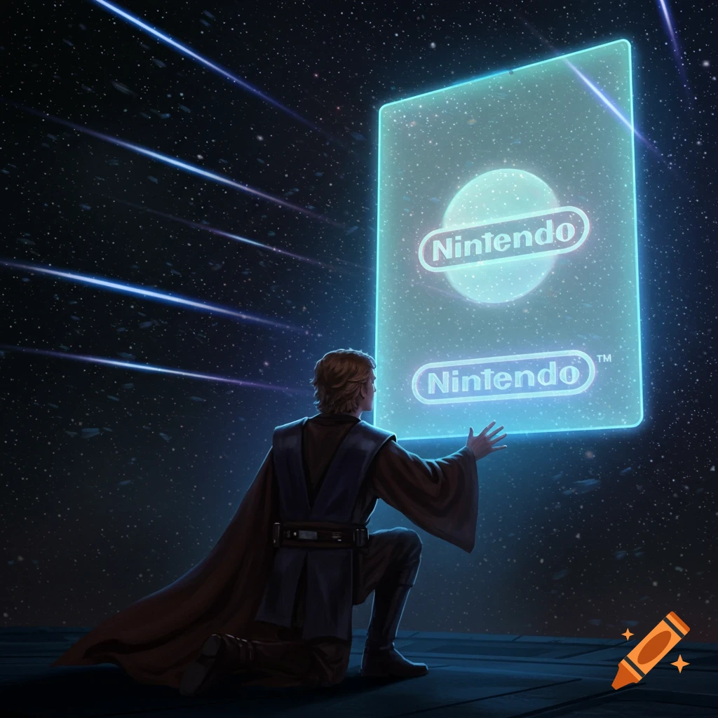 Anakin Skywalker kneels before a glowing rectangular screen displaying ...