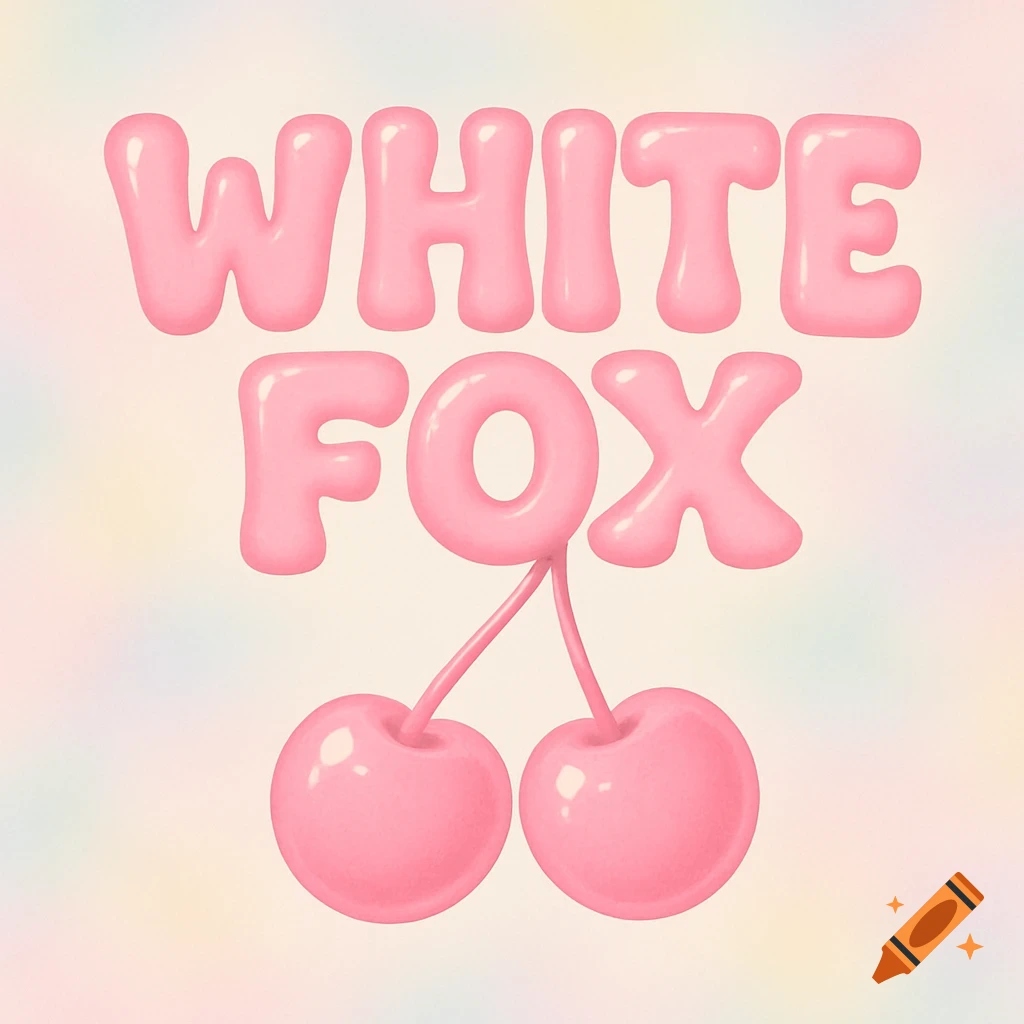 Pink bubble letters spelling 'WHITE FOX' with two pink cherries below ...