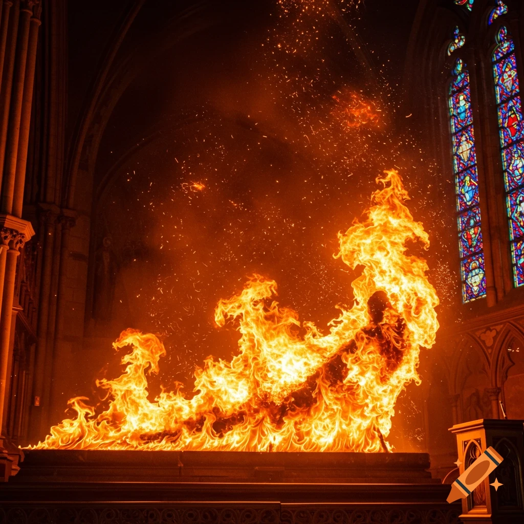 A large, intense fire burning inside a grand church with stained glass ...