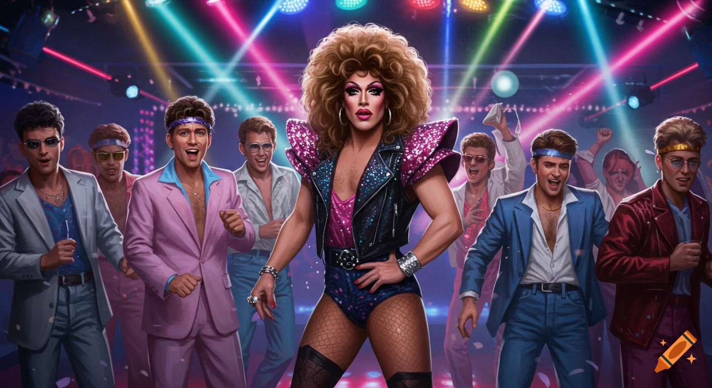 A hyper-realistic image of a drag queen with big hair and shoulder pads posing at a vibrant 80s ...