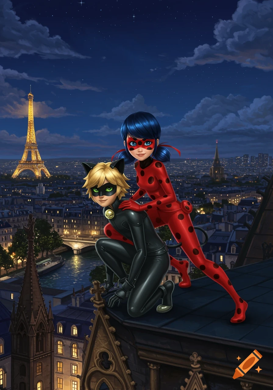 Ladybug, from Miraculous Ladybug, stands hypnotized on a Parisian ...
