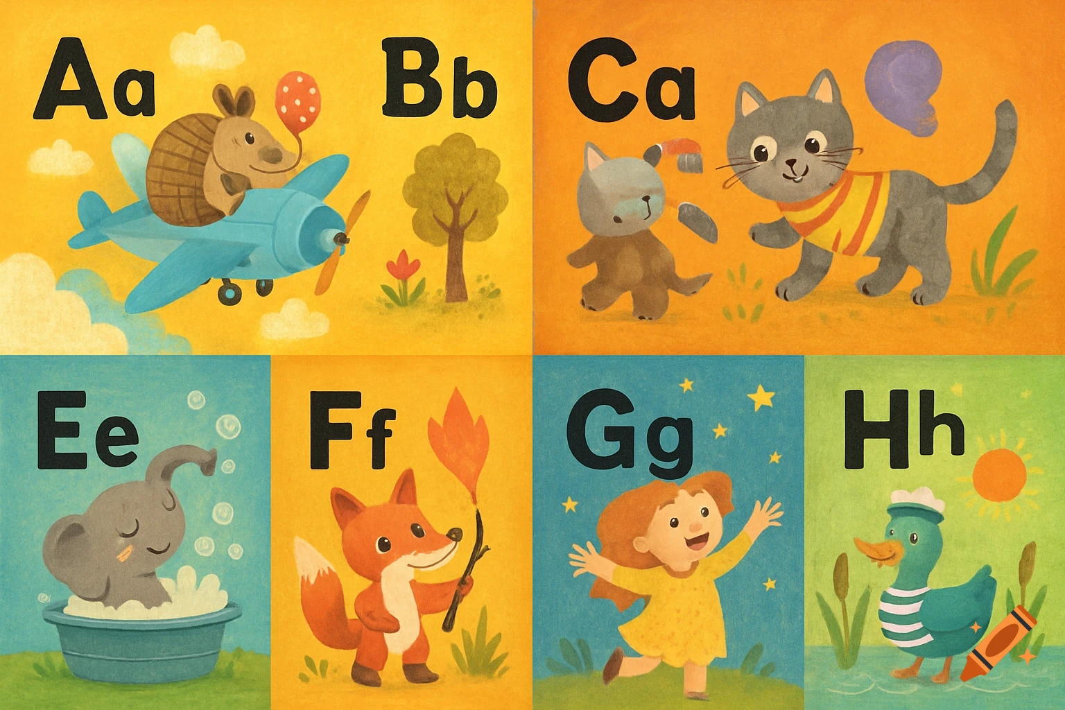 An illustrated children's alphabet book page featuring various animals ...