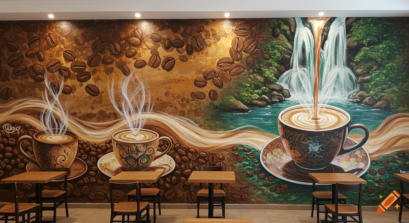 A warm mural in a coffee shop featuring coffee beans, steaming coffee ...