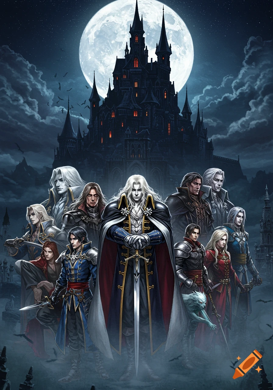 A group of Castlevania characters, led by Alucard, stand before a ...
