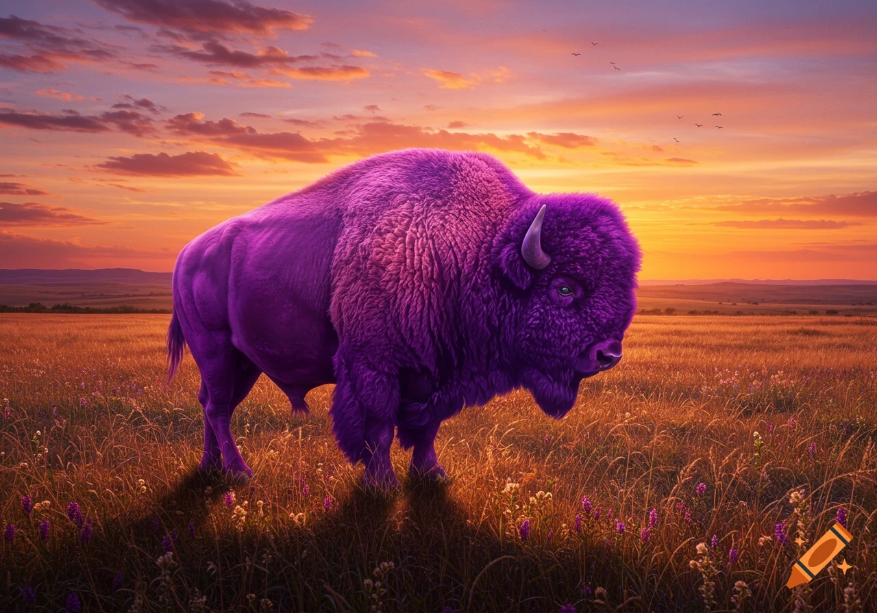 A powerful American Bison stands in a grassy field against a vibrant ...