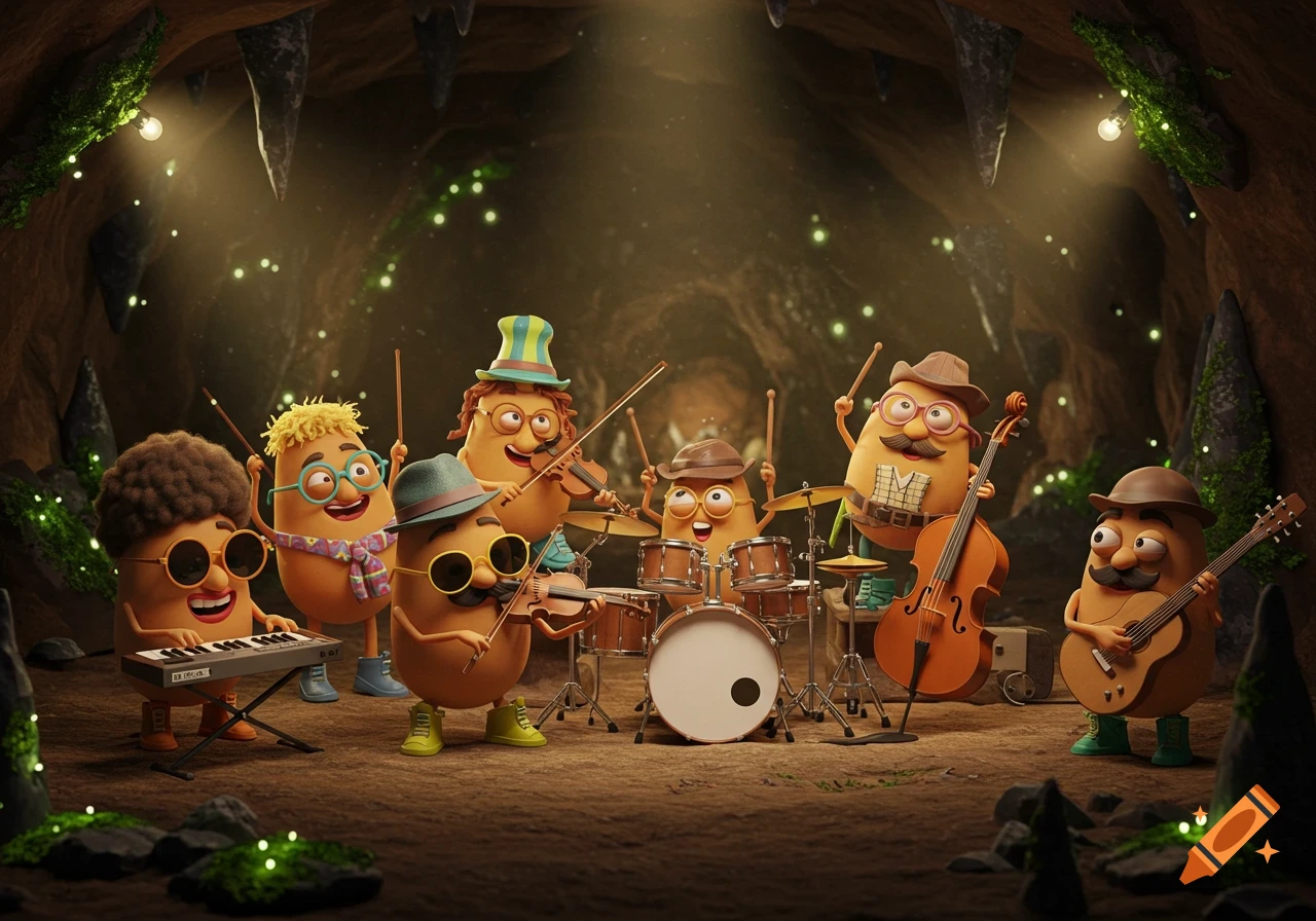 A cartoon band of anthropomorphic cats and a dog playing instruments on ...