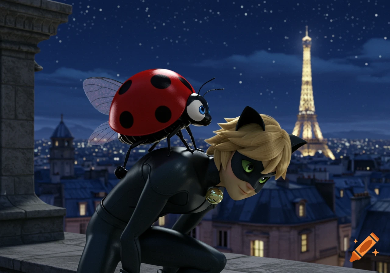 Animated Ladybug and Cat Noir looking surprised on a Paris rooftop at ...