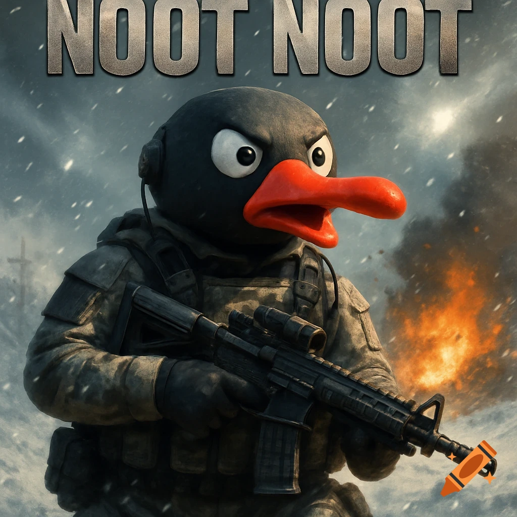 A Pingu-like cartoon character in military uniform holds a rifle, with "NOOT NOOT" text above ...