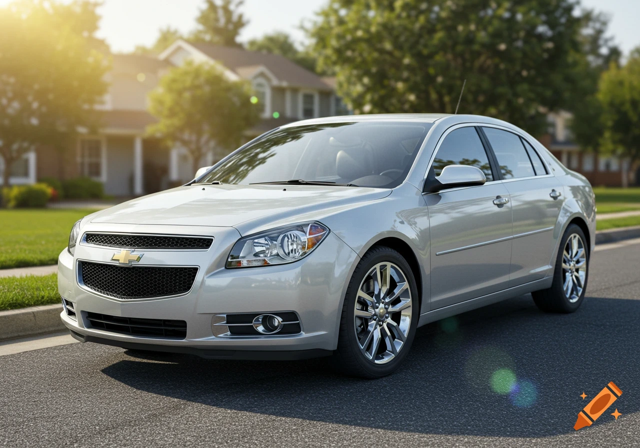 A silver Chevrolet Malibu sedan parked on an asphalt street in a ...
