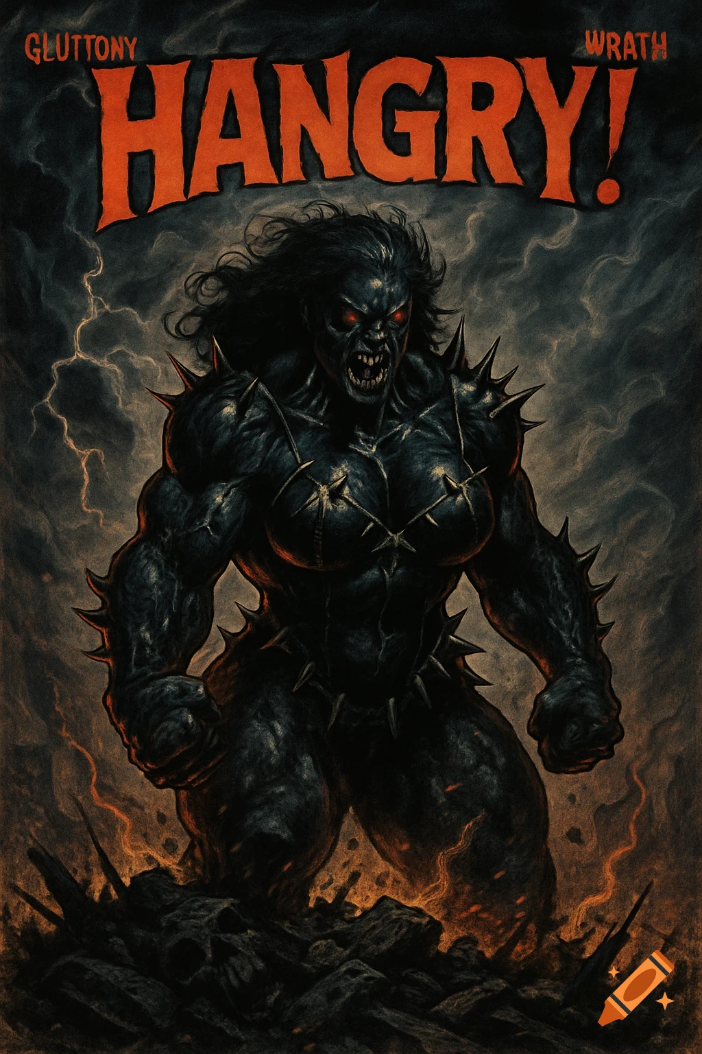 A dark comic book cover features a muscular, monstrous figure with red eyes and sharp teeth ...