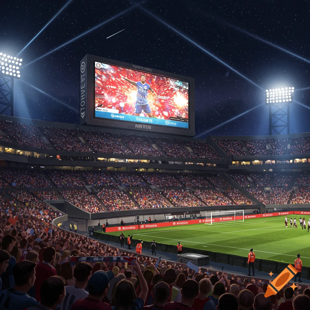 A night view of a packed football stadium with spotlights, fireworks ...