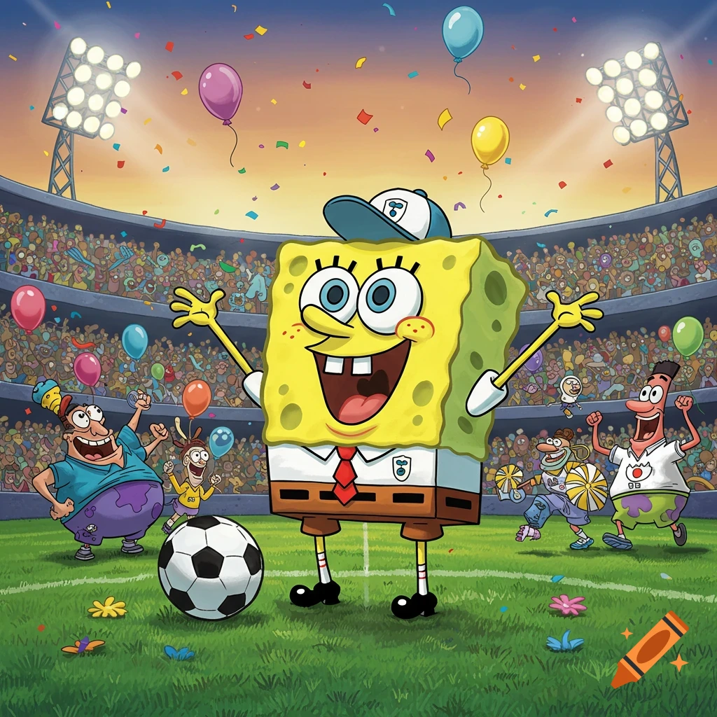 Spongebob SquarePants celebrates on a soccer field in a stadium with a ...