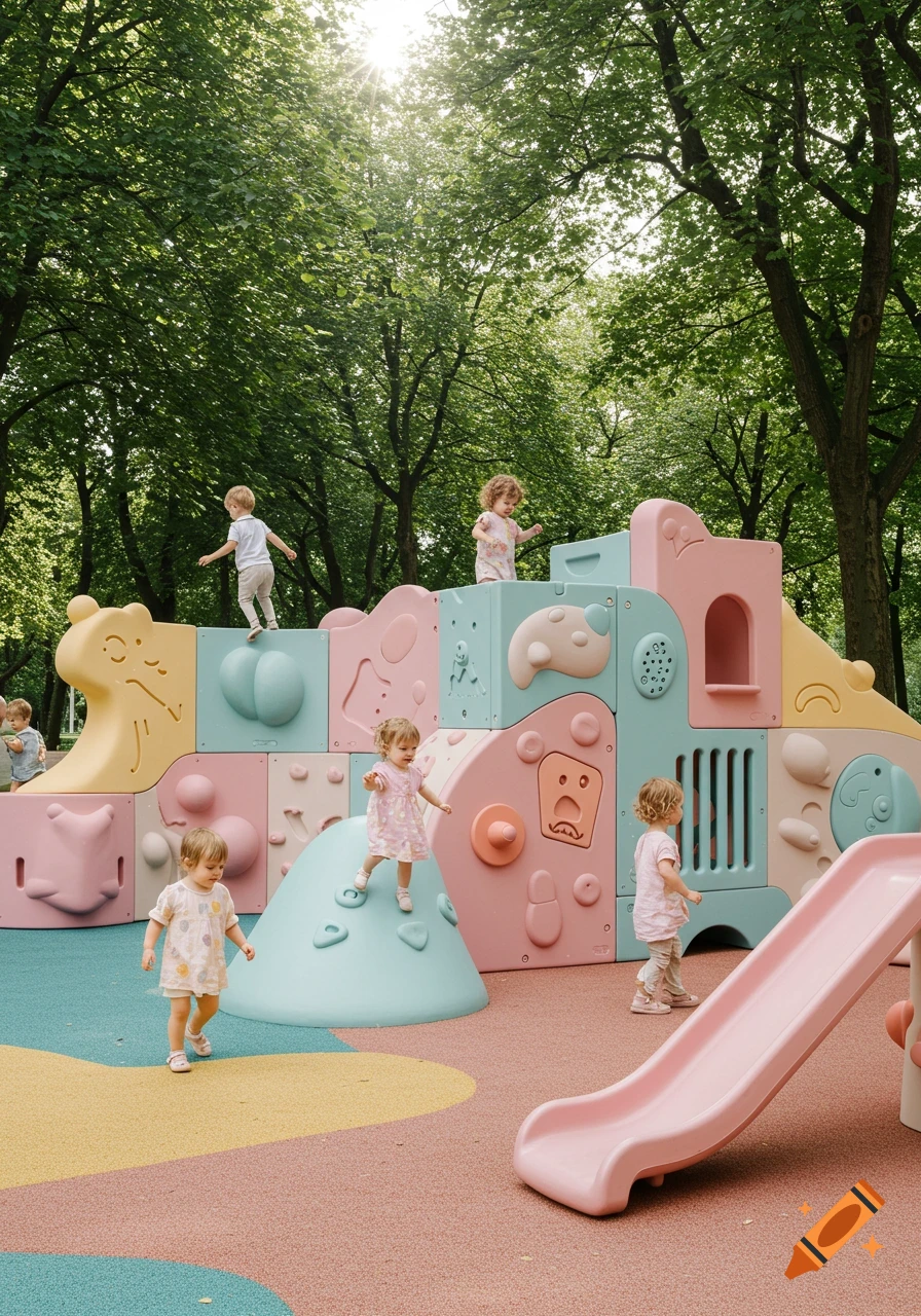 Children play on a pastel-colored playground in a sunny park with trees ...