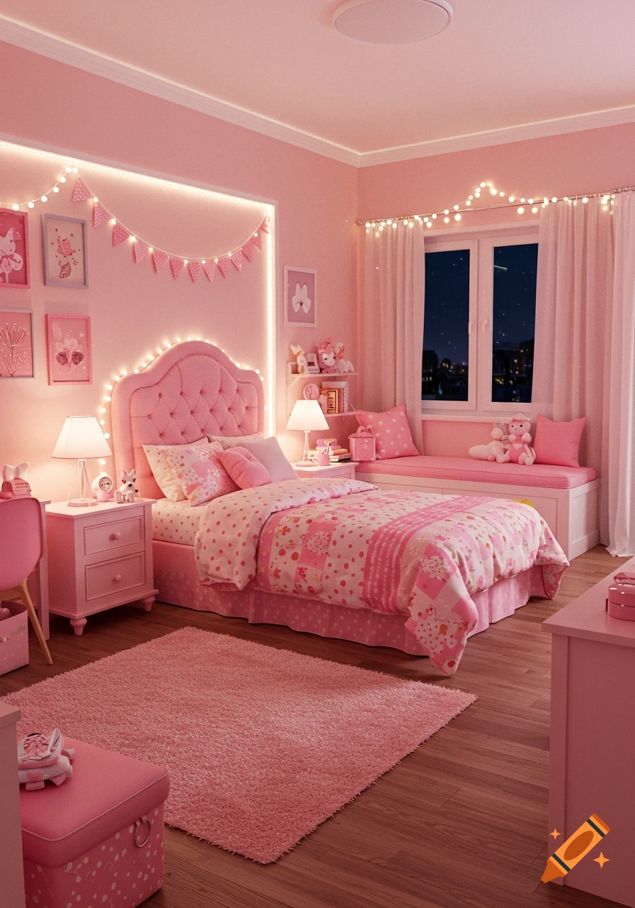 A cozy pink girl's bedroom with a tufted bed, polka dot bedding, and ...