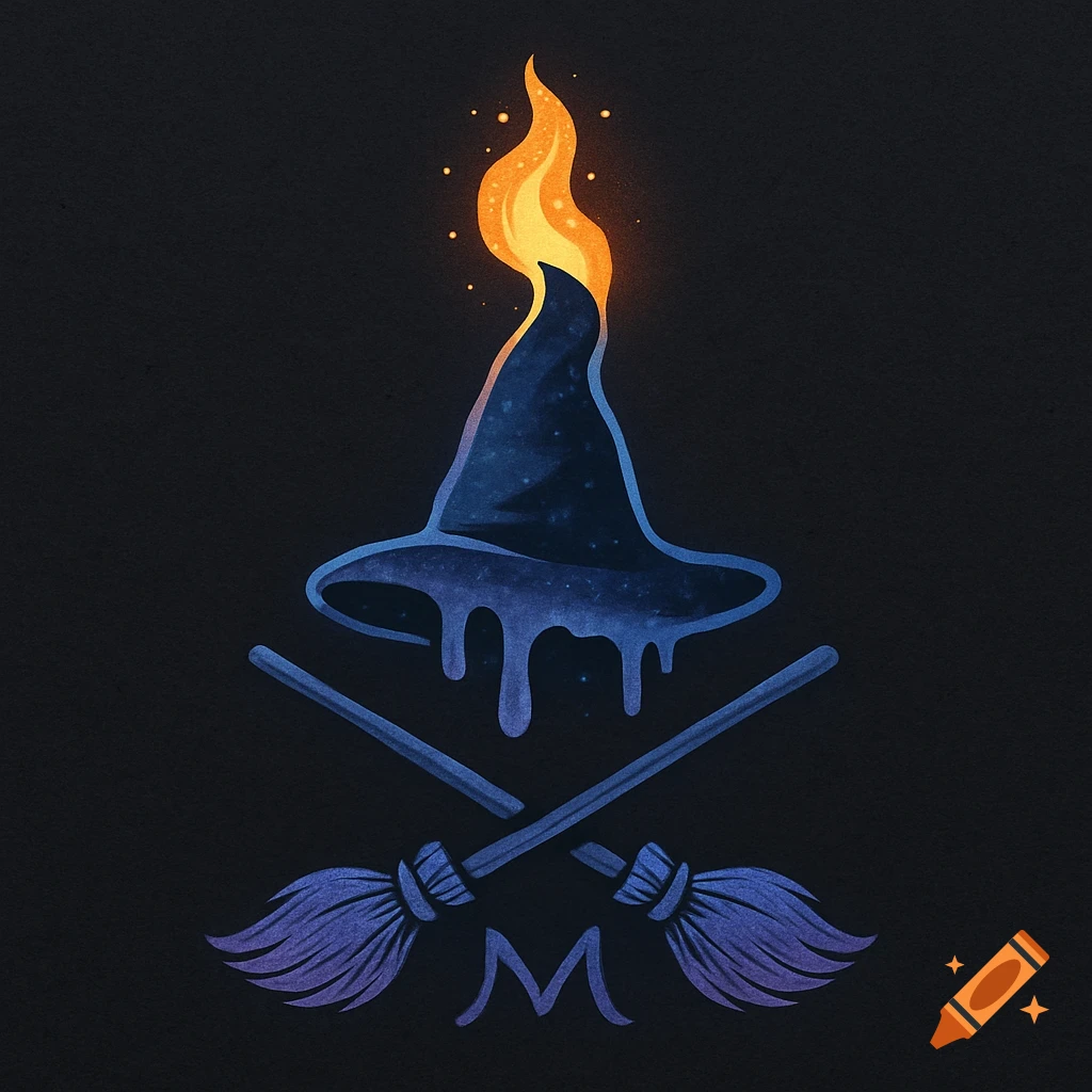 A stylized logo featuring a melting blue witch's hat with an orange ...