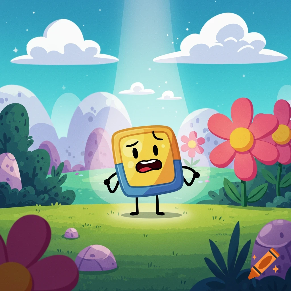 A cheerful yellow cartoon character Wubbzy stands in a vibrant ...