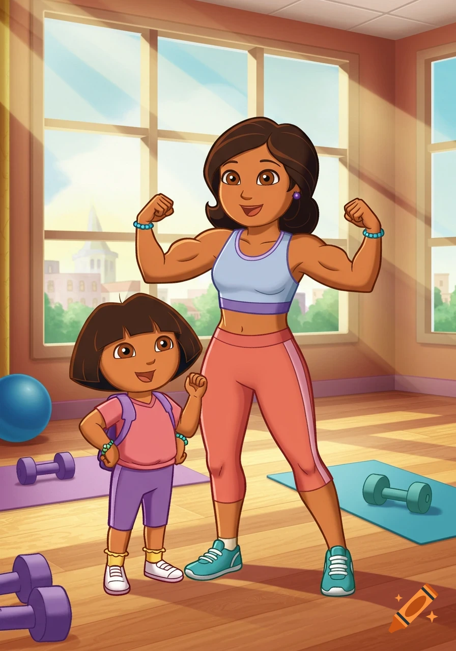 Dora the Explorer and her muscular aunt flexing with dumbbells in a ...