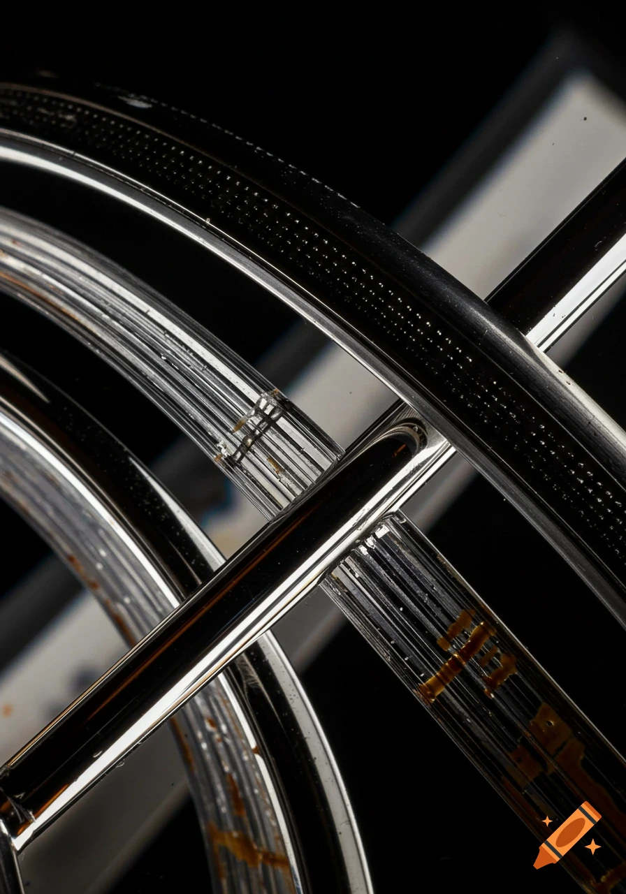 Close-up abstract view of interwoven shiny metallic and clear glass ...