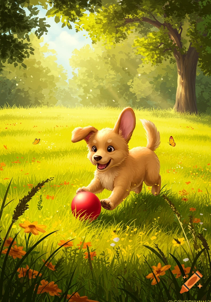 A cute, happy cartoon dog with floppy ears runs through a sunny green ...