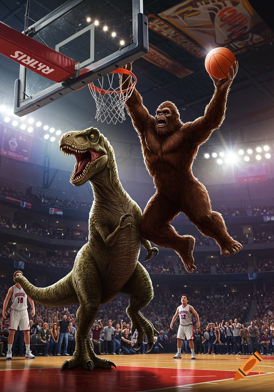 A powerful Bigfoot dunks a basketball over a T-Rex on a basketball ...