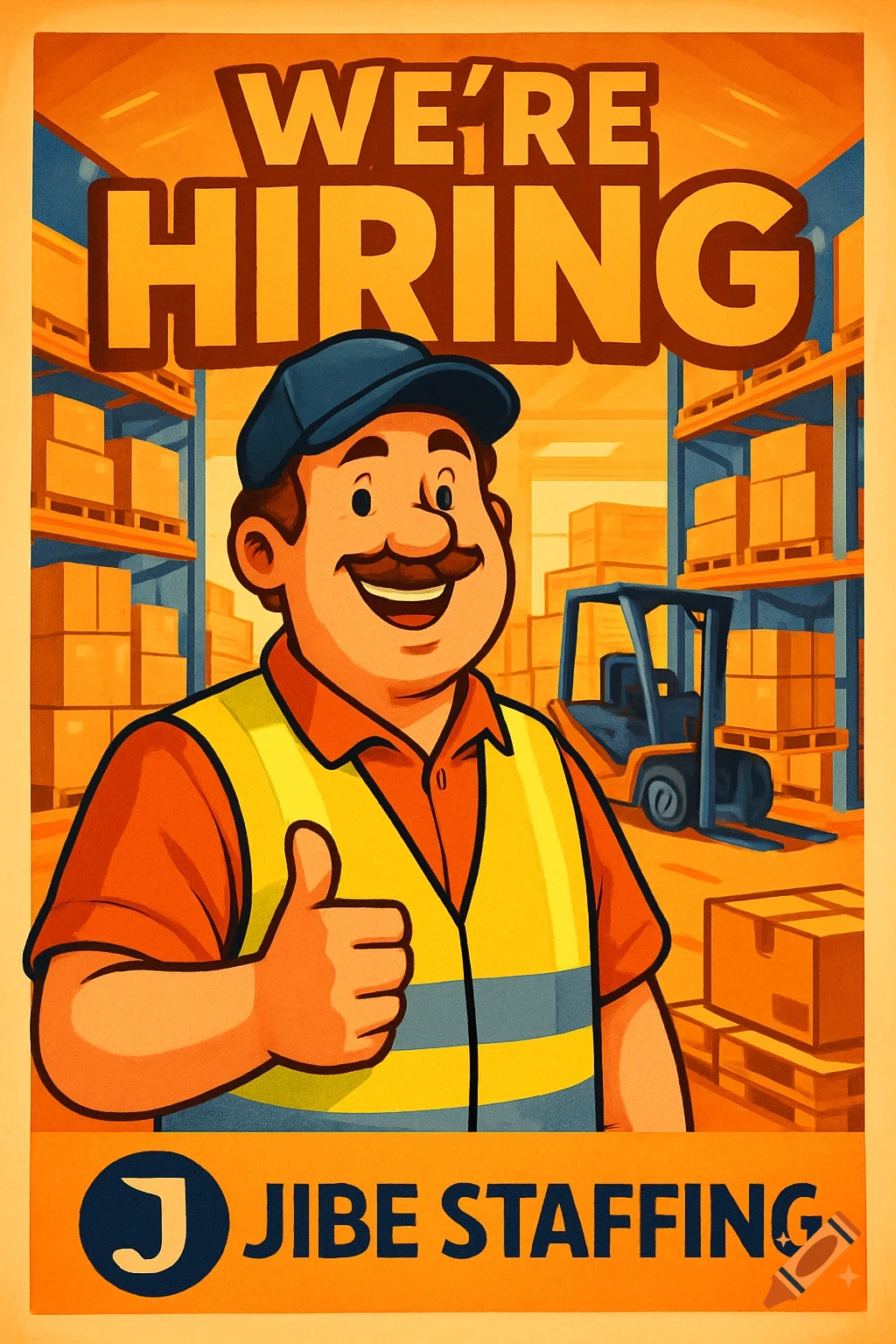 Cartoon poster of a smiling warehouse worker in a yellow vest giving a ...